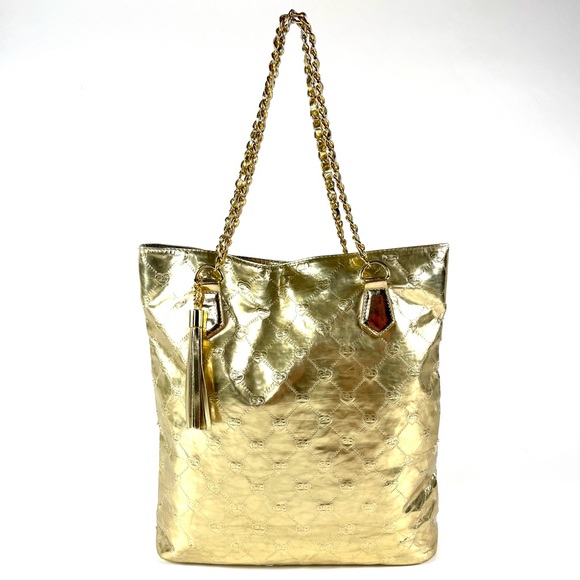 bebe | Bags | Bebe 2b Gold Metallic Monogram Chain Tote Bag | Poshmark